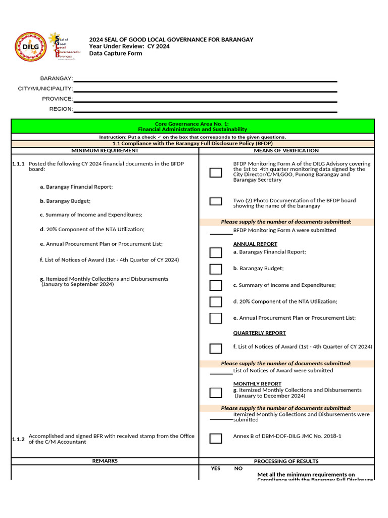 Modified 2024 SGLGB Data Capture Form DCF 1 For 2025 Evaluation | PDF ...