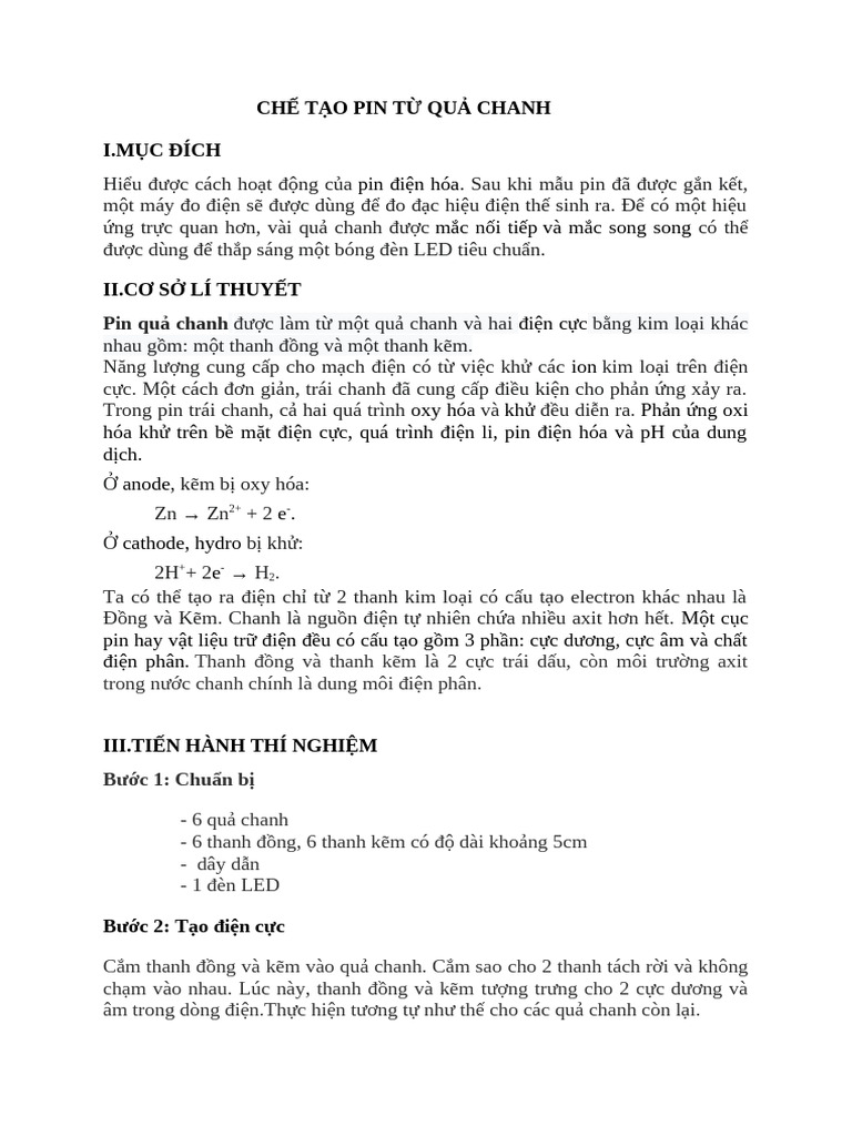 CHẾ TẠO PIN TỪ QUẢ CHANH | PDF