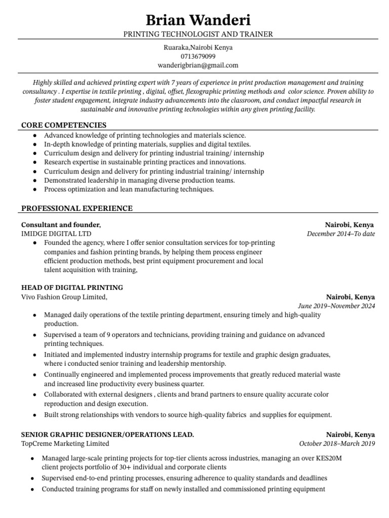 Resume-Printing Technology Trainer - Brian Wanderi | PDF | Mentorship | Business