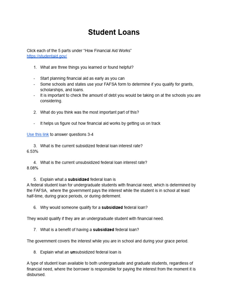 Student Loans Assignment (Answer Key) | PDF | Loans | Student Loans In ...