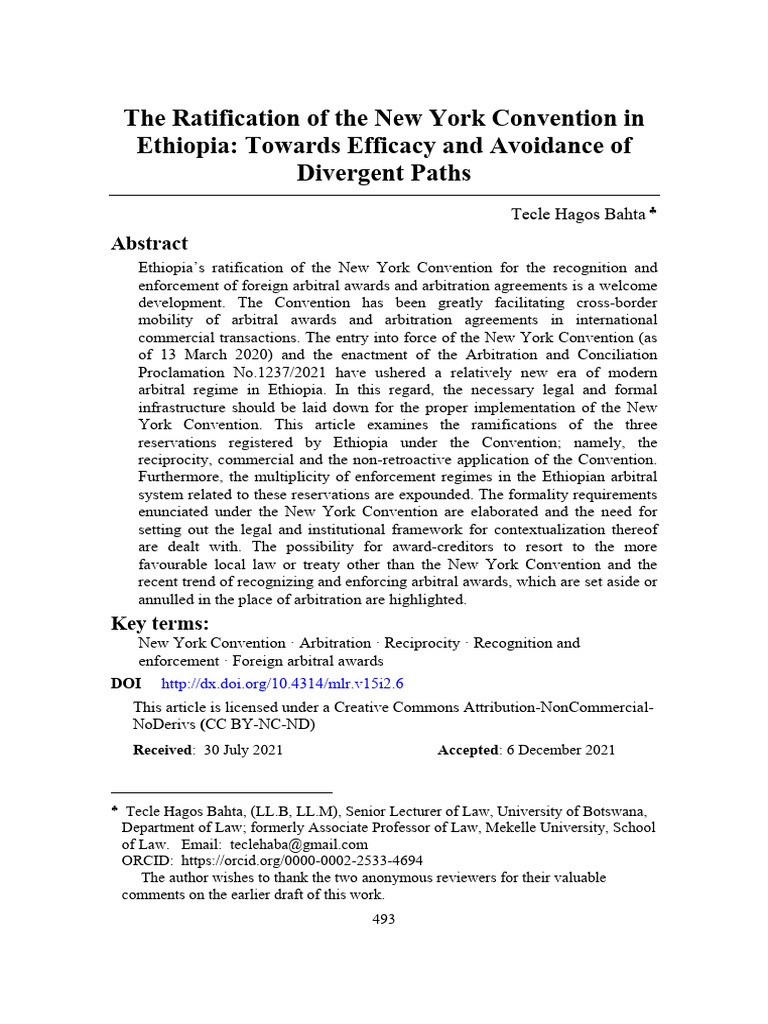Tecle Hagos Bahta Ratification of The NY Convention in Ethiopia | PDF | Arbitration | Ratification