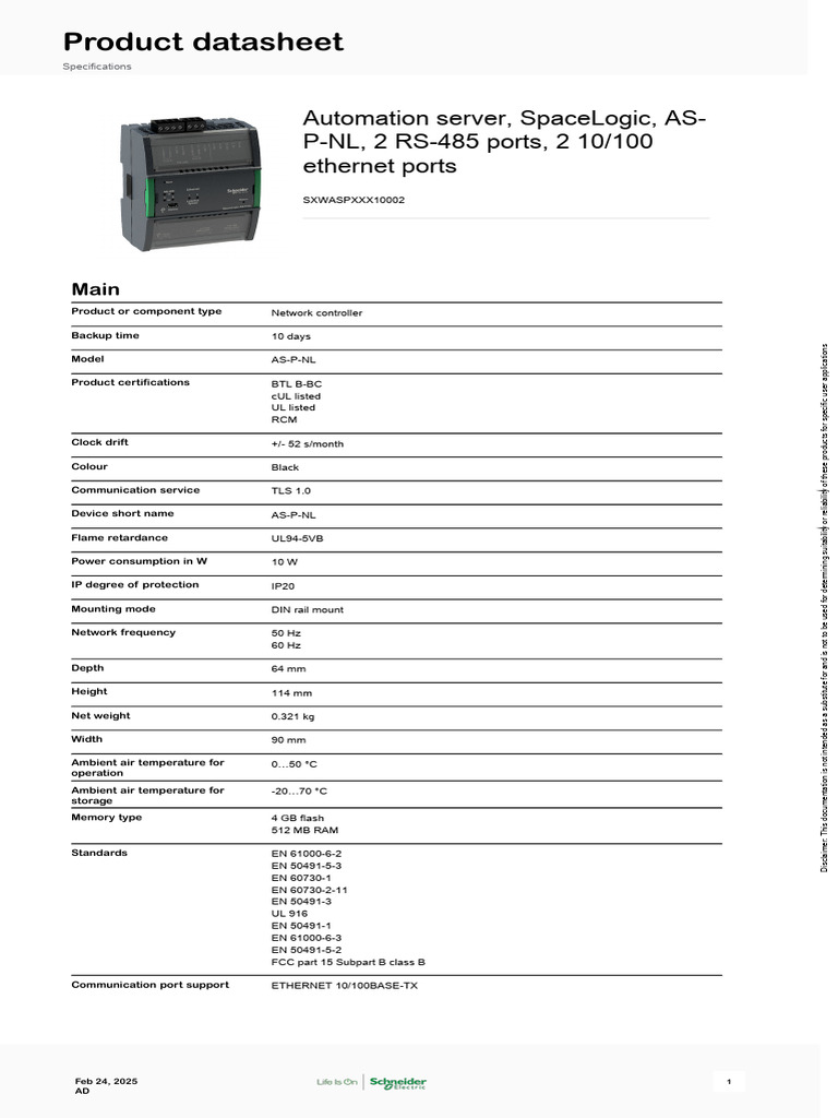 Schneider Electric SpaceLogic ASP Automation Server SXWASPXXX10002 | PDF | Usb | Computer Network