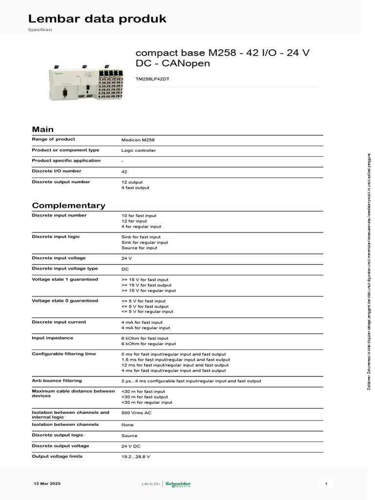 Schneider Electric Logic Controller Modicon M258 TM258LF42DT | PDF ...