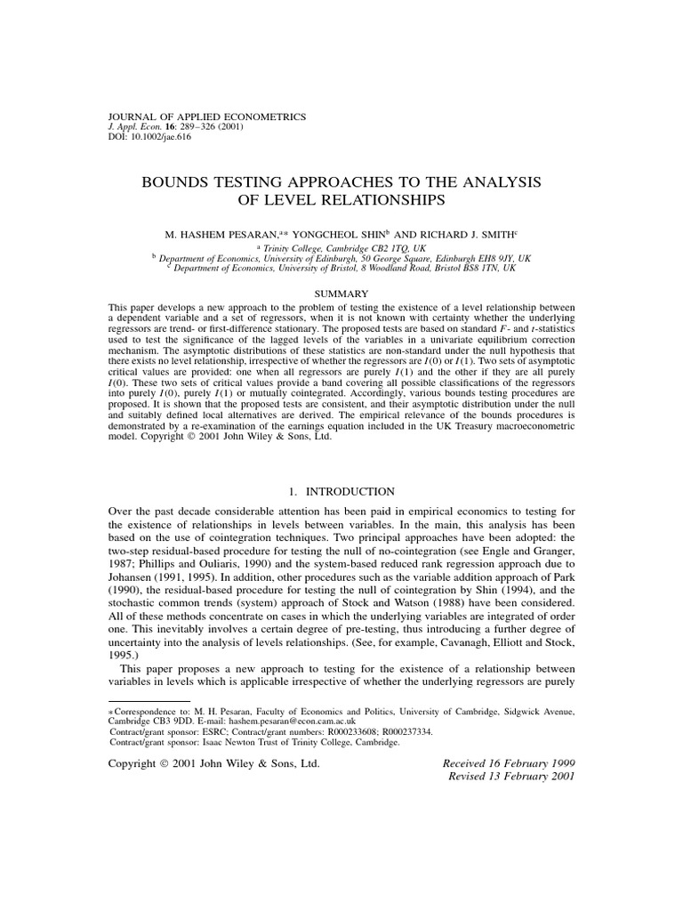 Pesaran2001 - Bounds Testing Approaches To The Analysis of Level ...
