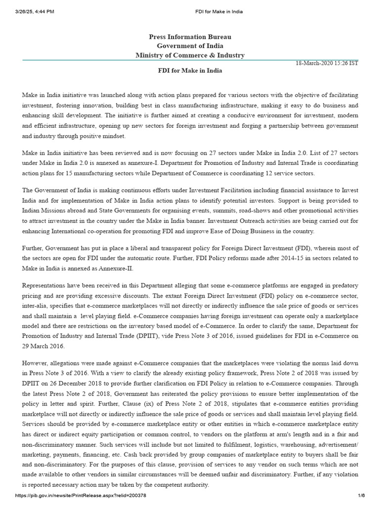FDI for Make in India | PDF | Foreign Direct Investment | Rail Transport