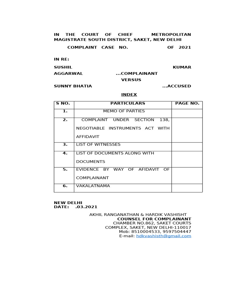 Sushil Aggarwal Vs Sunny Bhatia 138 Complaint 28.02.21 | PDF | Affidavit | Cheque
