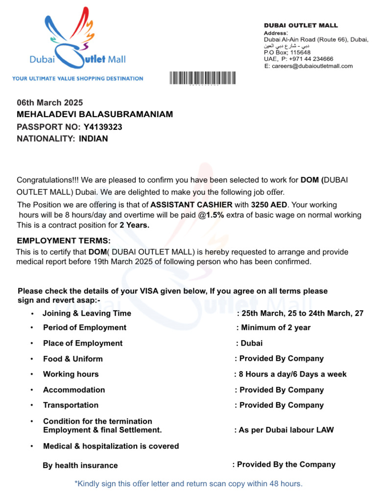 Miss Mehaladevi Balasubramaniam Offer Letter | PDF | Labour Law ...