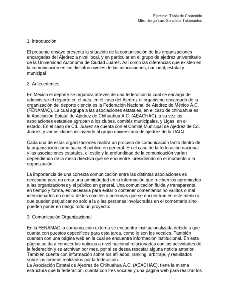 Ejercicio Tablas de Contenidos | PDF | Comunicación
