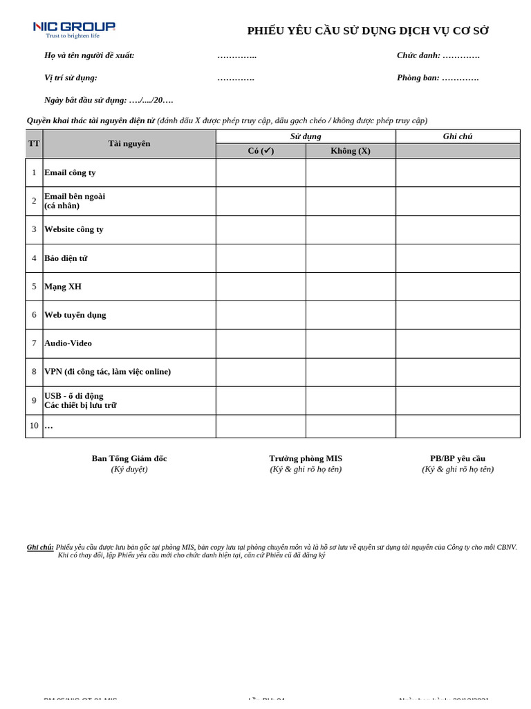 BM.05 - NIC-QT.01.MIS - Phieu Yeu Cau Su Dung Dich Vu Co So | PDF