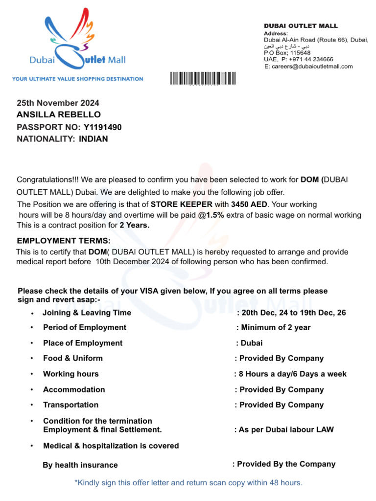 Miss Ansilla Rebello Offer Letter | PDF | Labour Law | Employment