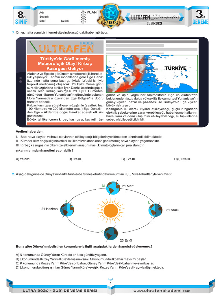 2020-2021 8.sınıf Ultrafen Deneme 3 | PDF