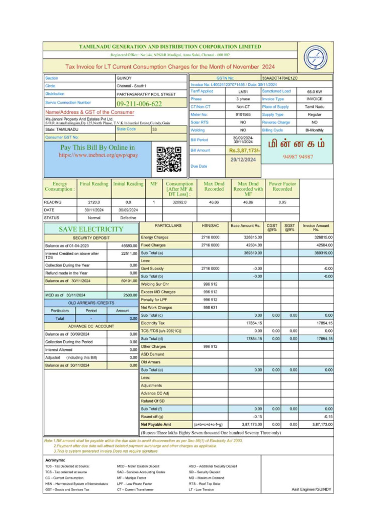 EB Bill For Sep To Nov 24 | PDF