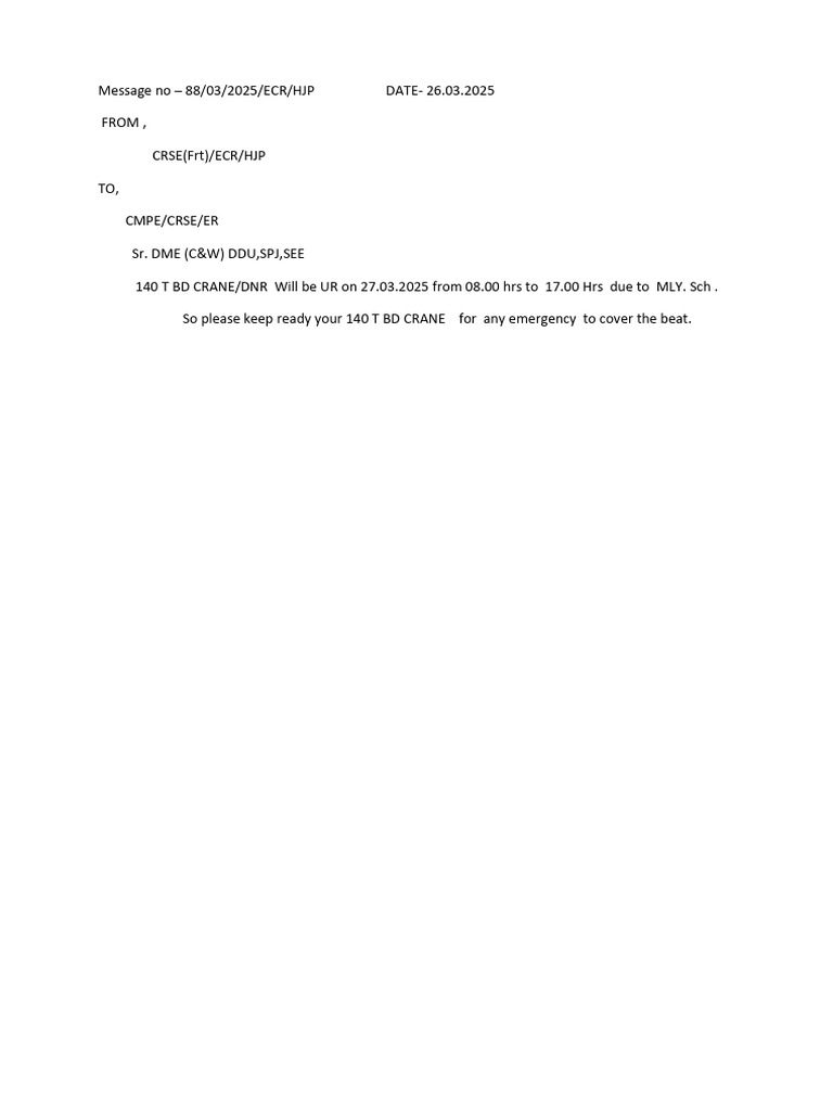 140 T BD Crane Availability Notice | PDF