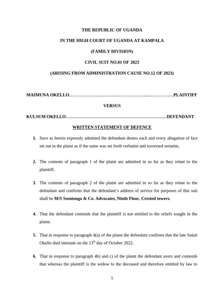 Written Statement of Defence & Counter Claim | PDF | Public Law ...