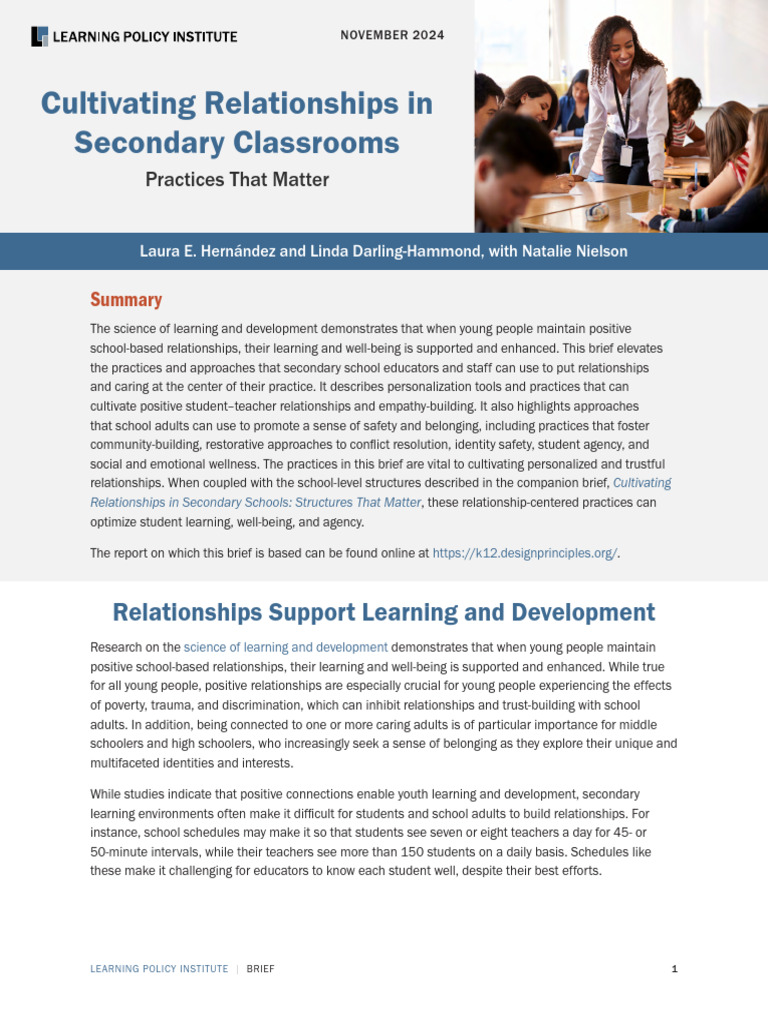 Practices For Cultivating Relationships in Secondary Classrooms - Brief ...