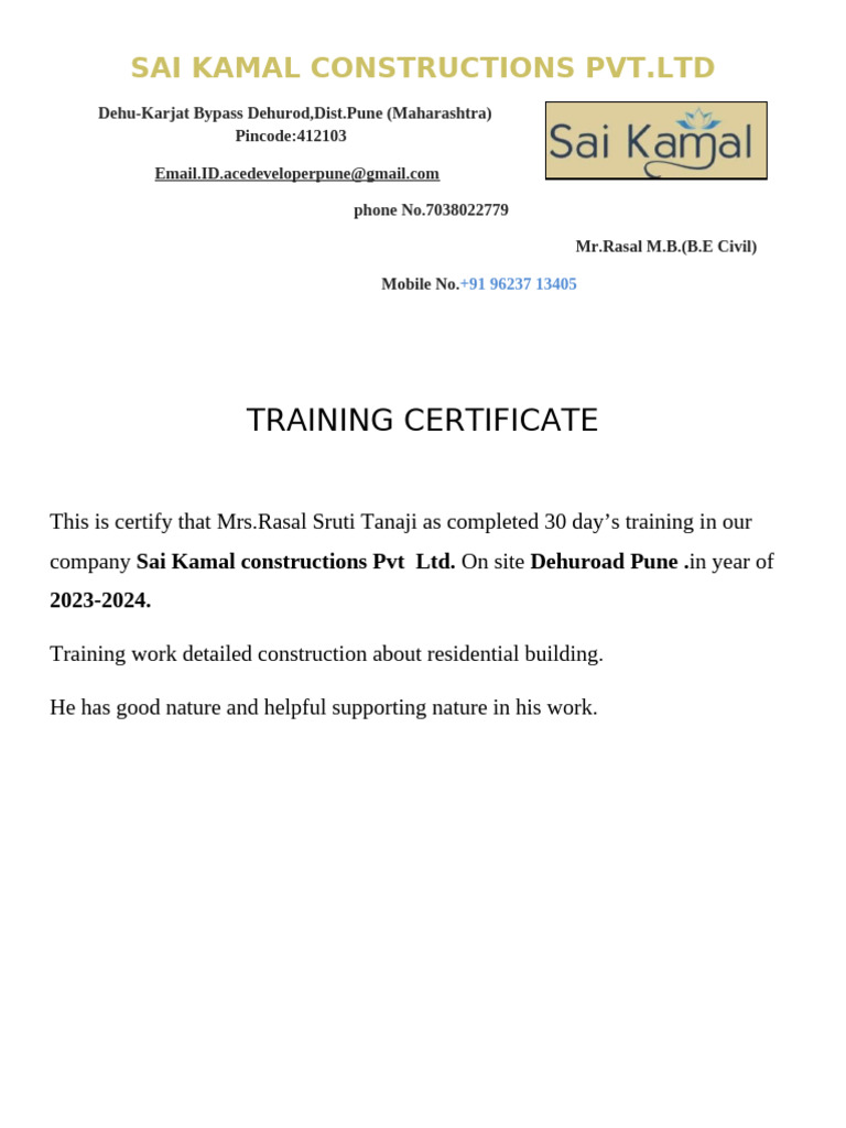 Training Certificate: Sai Kamal Constructions PVT - LTD | PDF