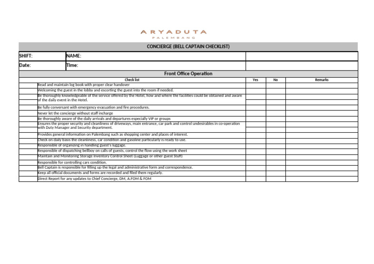 Bell Captain Duties and Responsibilities | PDF