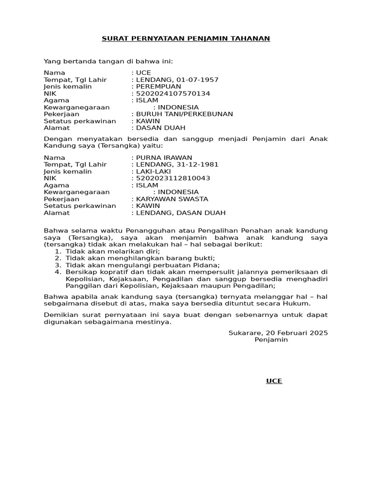 Surat Pernyataan Penjamin Tahanan | PDF
