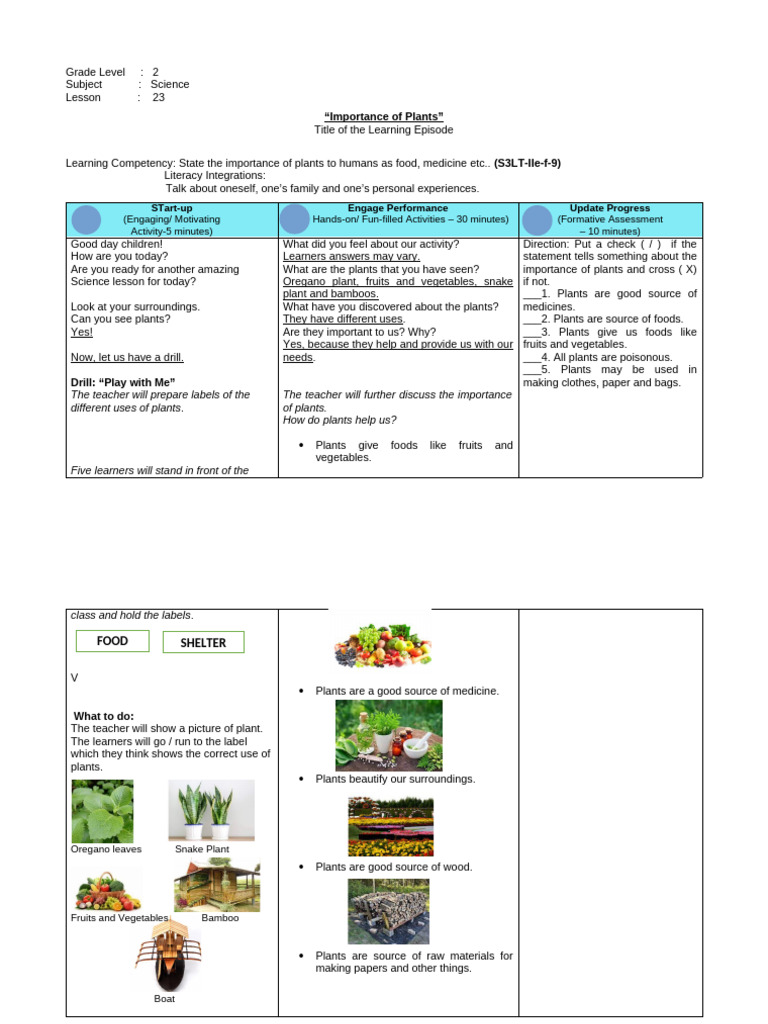 SU - G2 - Sci - L23 - Lesson Exemplar | PDF | Plants | Learning