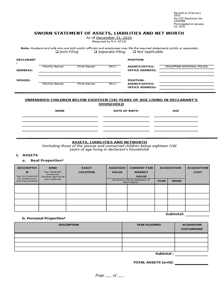 Sworn Statement of Assets and Liabilities | PDF | Net Worth | Business ...