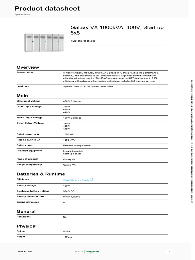Schneider Electric - Galaxy-VX - GVX1000K1000NHS | PDF | Mains Electricity | Manufactured Goods