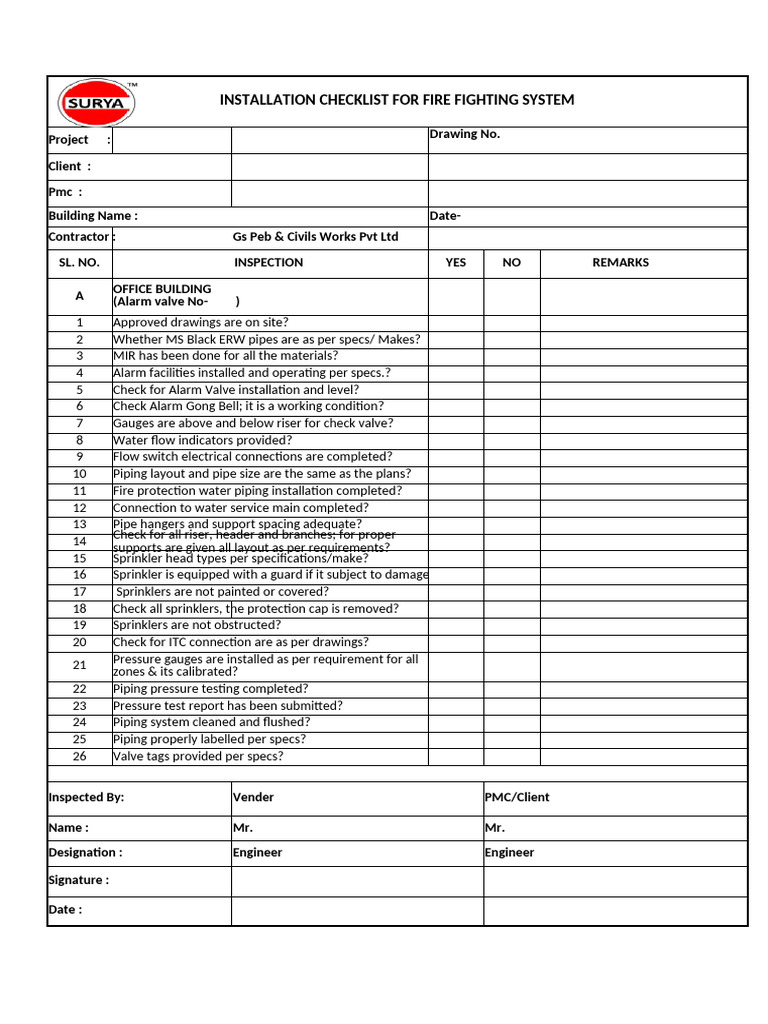 Checklist For Firefighting System | PDF | Pipe (Fluid Conveyance ...
