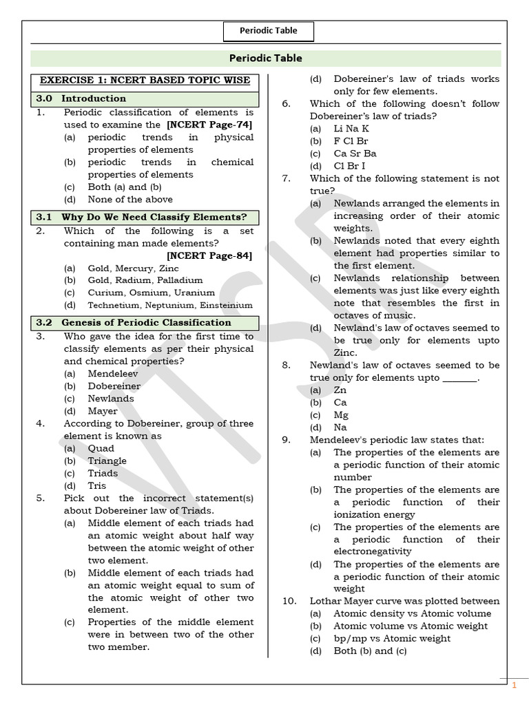 Periodic Table: Concepts and Classification | PDF | Periodic Table ...