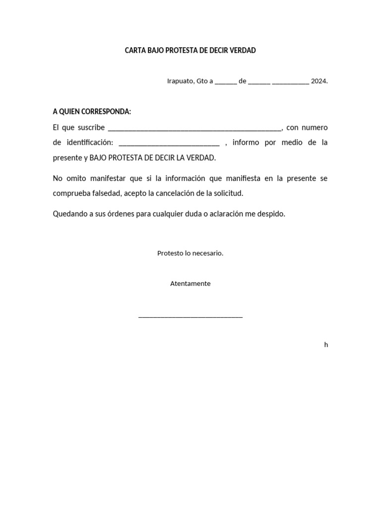 Formato 2. Carta Bajo Protesta de Decir Verdad | PDF