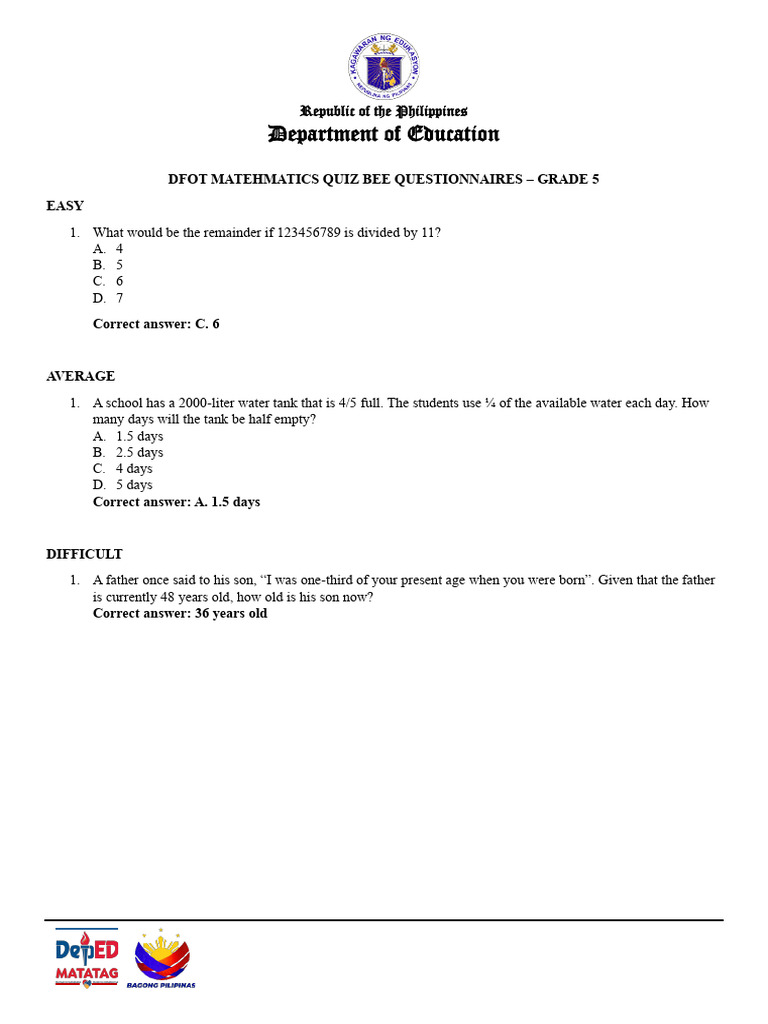 Math 5 Questionnaires For Quiz Bee | PDF