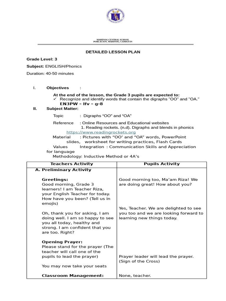Detailed LP - English 3 Demo | PDF | Phonics | Learning