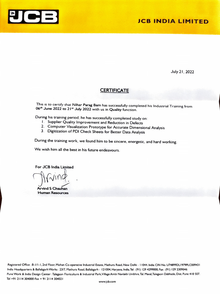 JCB Internship Certificate - NIHAR BAM | PDF