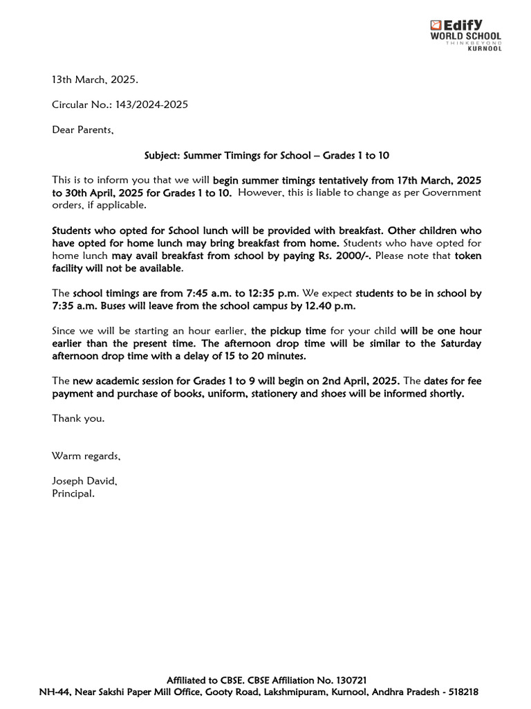 Circular 143 - Summer Timings For School - Grades 1 To 10 | PDF