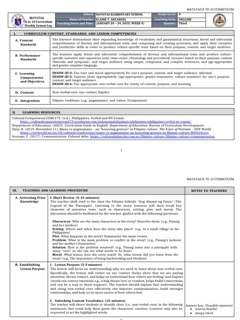 DLL Matatag - English 4 q3 w4 | PDF | Nonverbal Communication | Human Communication