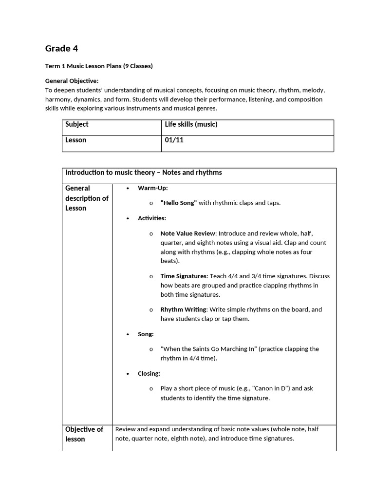 Grade 4 music lesson plan | PDF | Rhythm | Song Structure