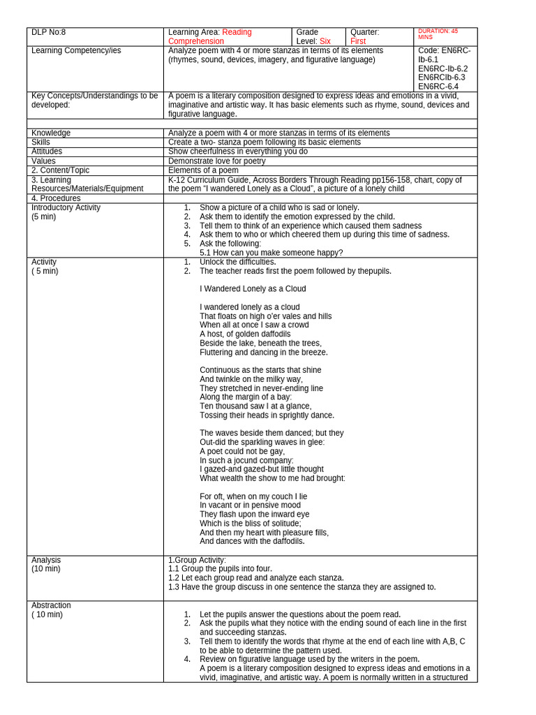 DLP8-analyze Poem in Terms of Elements | PDF | Poetry | Reading Comprehension