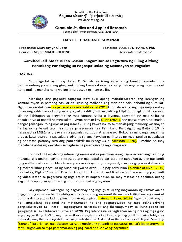 FM 211 Concept Paper 1ST Title - Jaen Joylyn Pinal | PDF