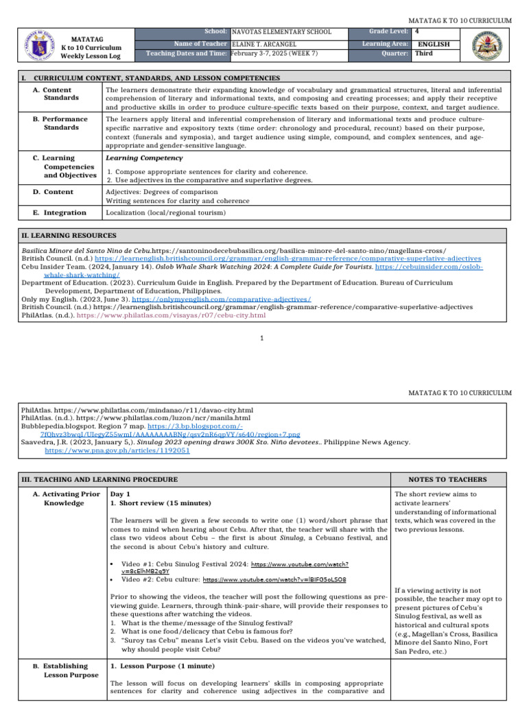 DLL Matatag - English 4 Q3 W7 | PDF | Cebu