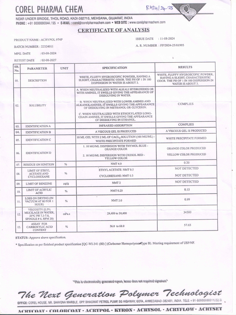 COA of Acrypol - Corel Pharma | PDF