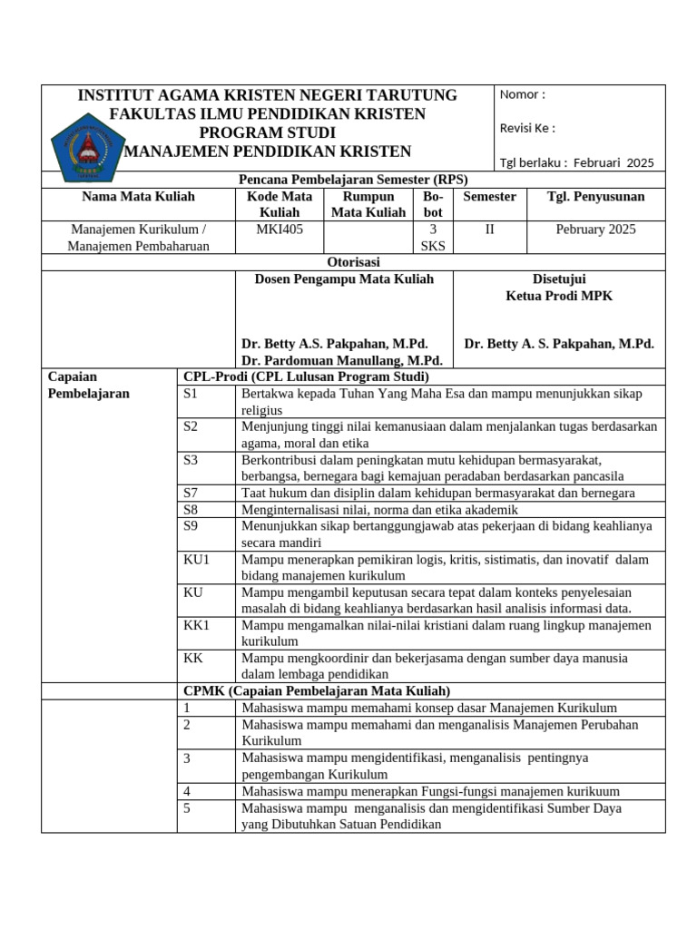 RPS Manajemen Kurikulum Dan Program Pendidikan | PDF