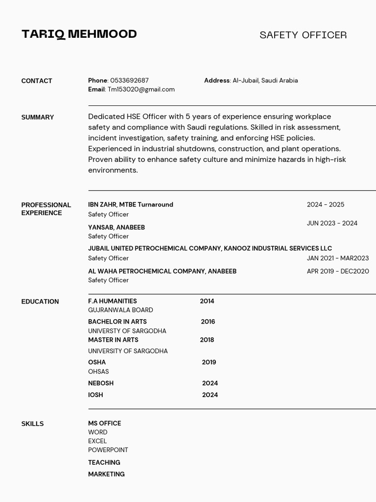 Safety Officer Profile - Tarik Mehmood | PDF