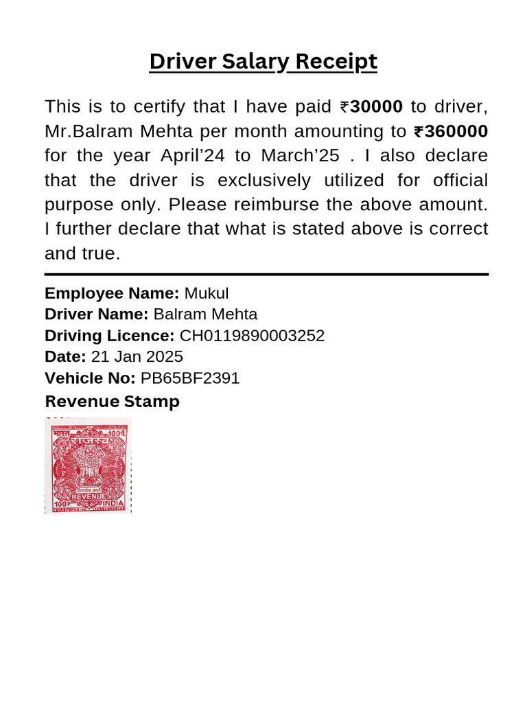 Driver Salary Receipt for Reimbursement | PDF
