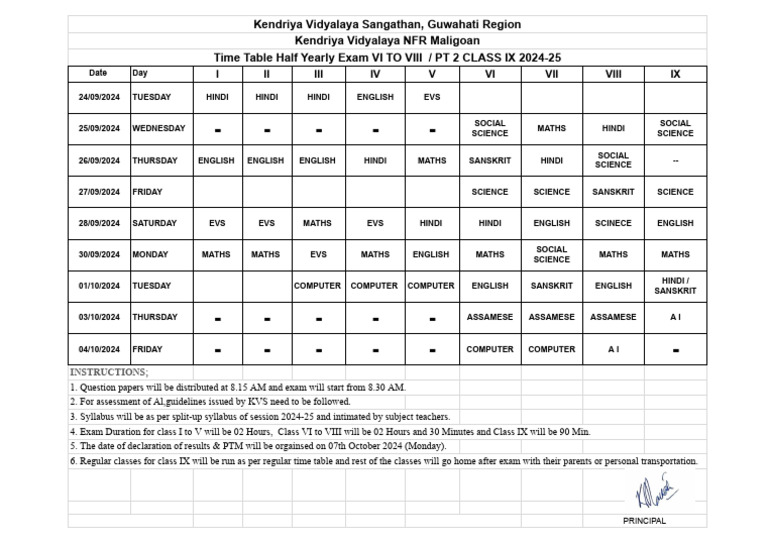 KV Half Yearly Exam Schedule 2024-25 | PDF | Schools