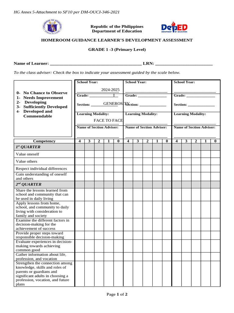 2 SF10 Proposed Primary Level G1 3 HG Assessment Template | PDF ...