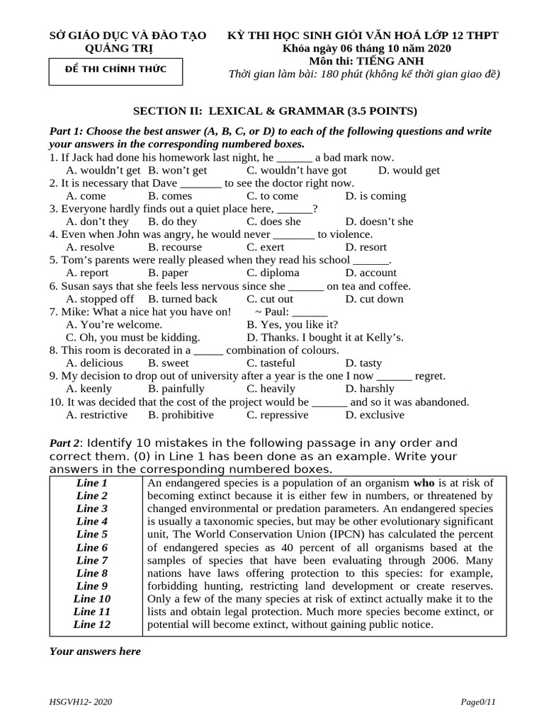 DE THI HSG 12. 2020.chinh Thuc | PDF | Water Pollution | Oceans