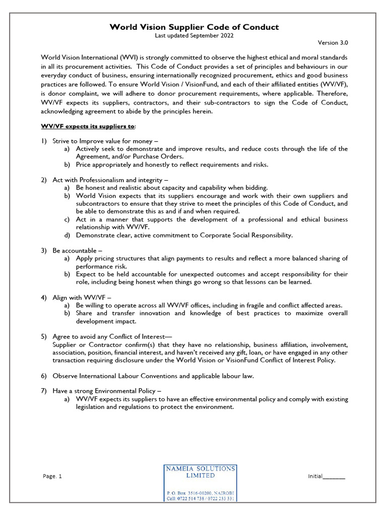 World Vision Supplier Code of Conduct | PDF | Procurement | Taxes