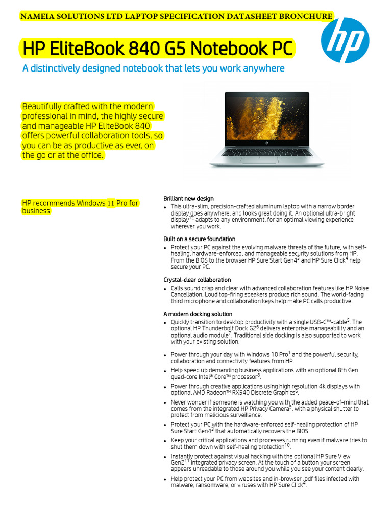 HP Elitebook 840 G5 Notebook Datasheet | PDF | Windows 10 | Microsoft Windows