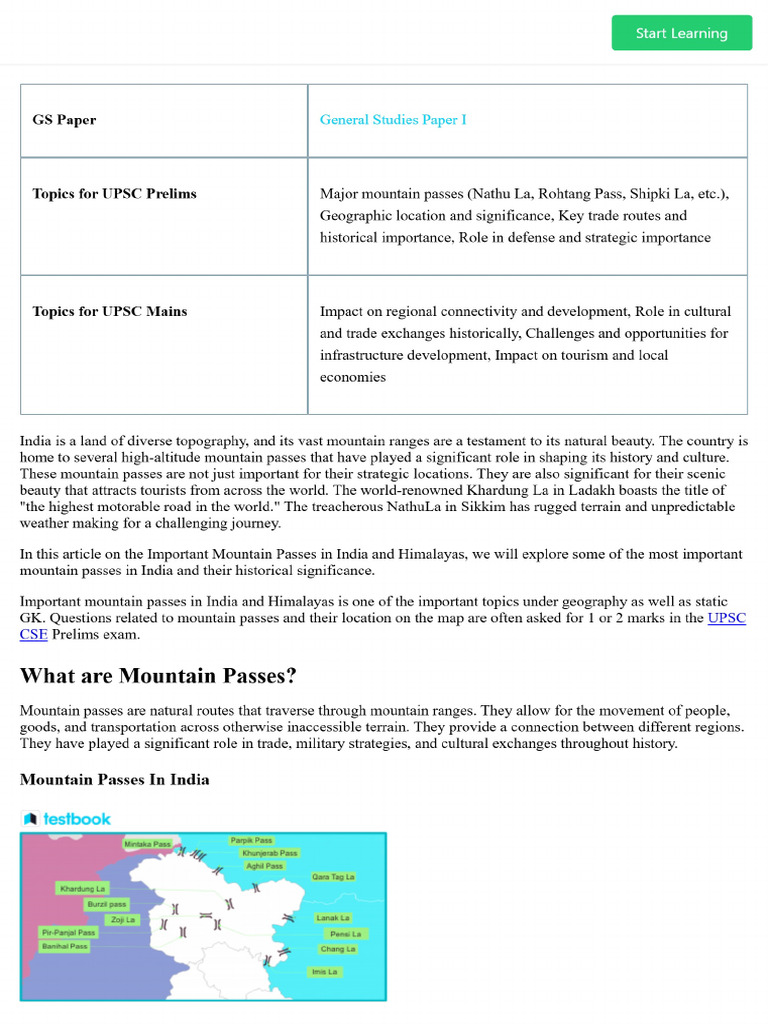 Important Mountain Passes in India - State Wise List - UPSC Notes | PDF