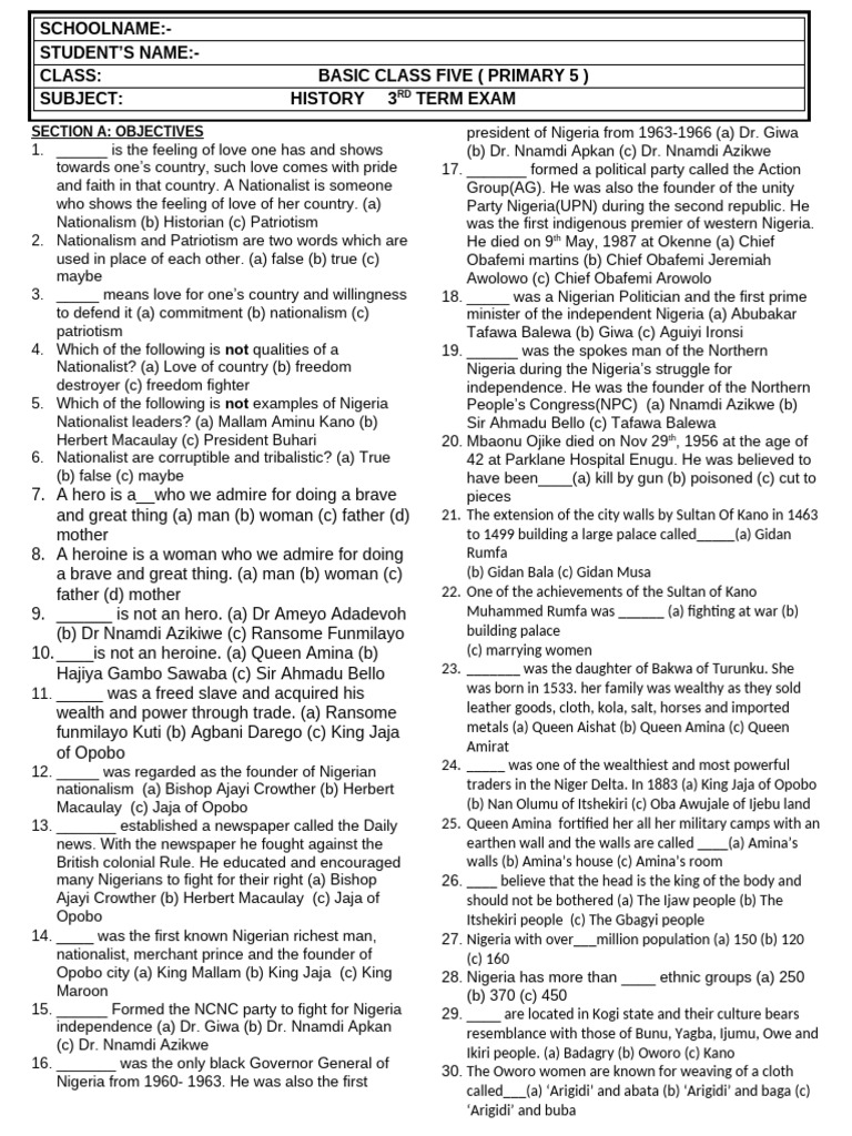 Primary 5 History Exam: Third Term | PDF | Nigeria