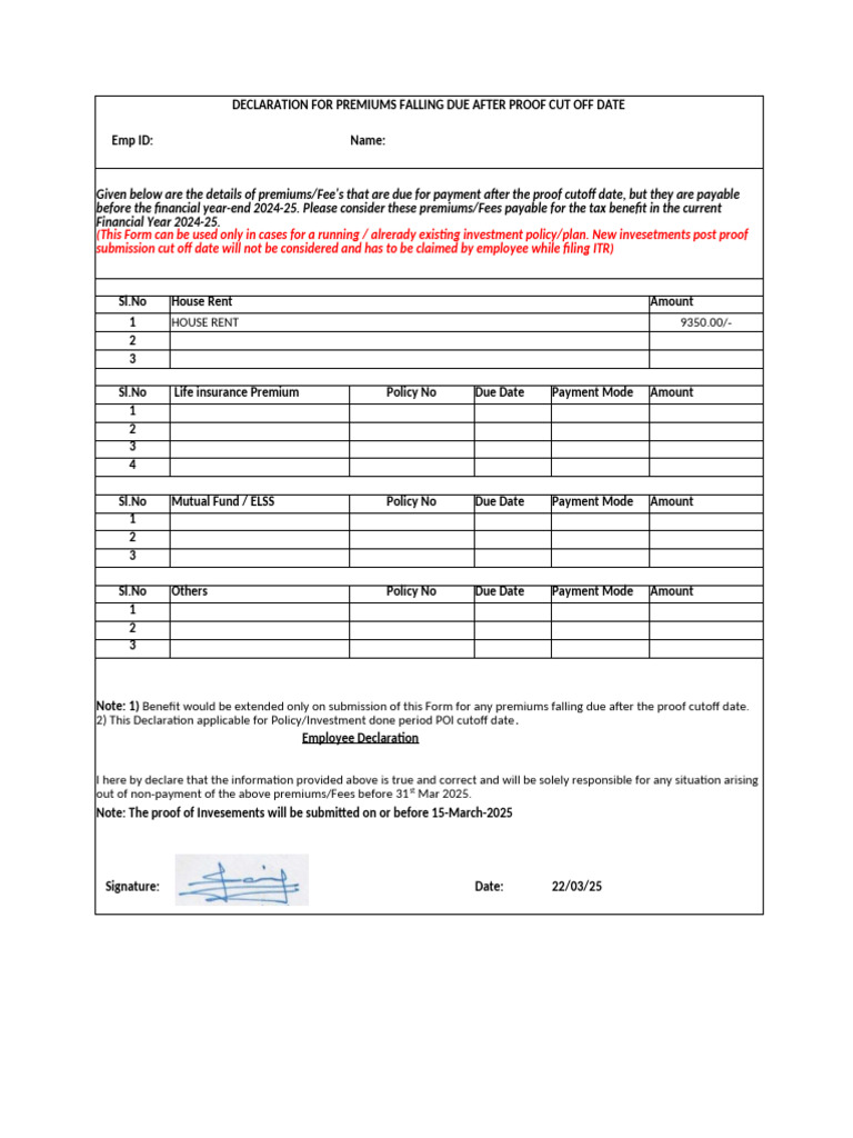 Premiums Declaration for Tax Benefits | PDF