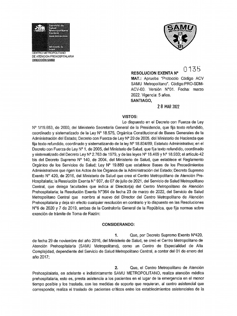 Resolución Exenta #0135 Relacioado Con Protocolo Codigo ACV SAMU Metropolitano | PDF